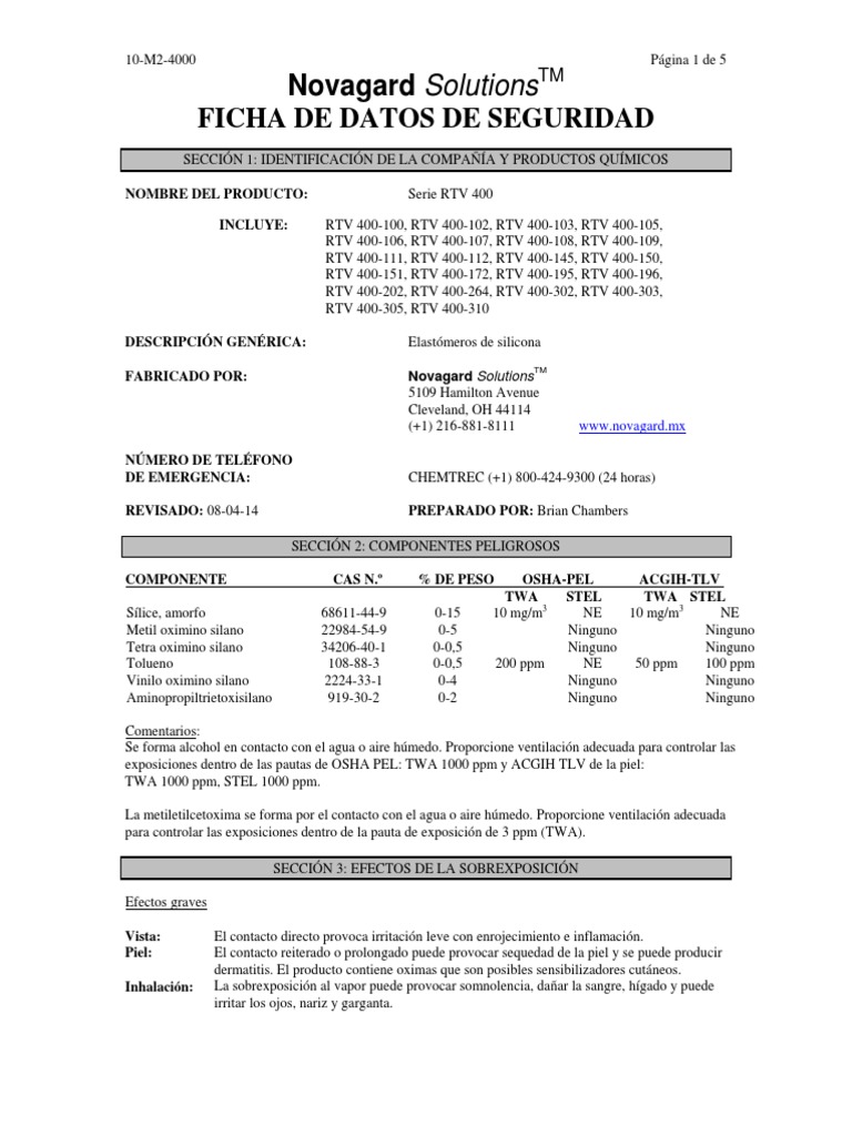 Ficha de datos de seguridad para la Serie RTV 400 de Novagard Solutions ...
