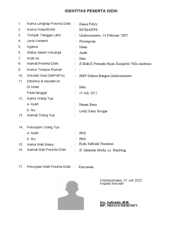 Format Identitas Peserta Didik | PDF