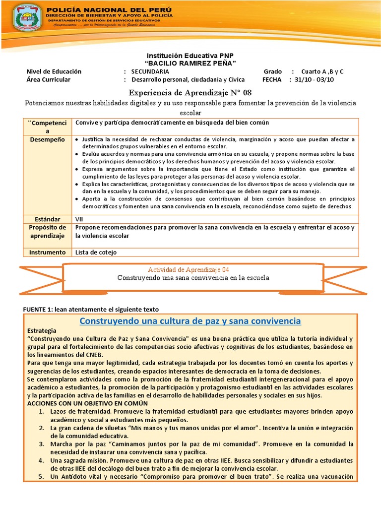 03 Experiencia de Aprendizaje DPCC 4to 2022 | PDF | Violencia | Aprendizaje