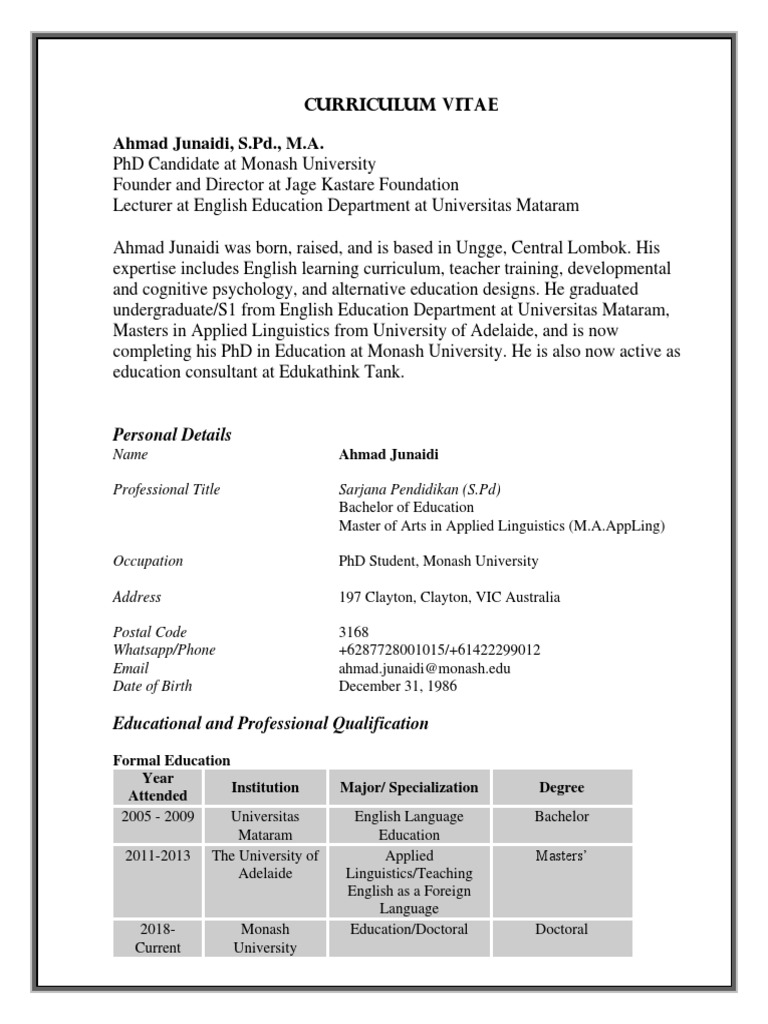 CV Ahmad Junaidi February 2021 | PDF | English As A Second Or Foreign Language | University