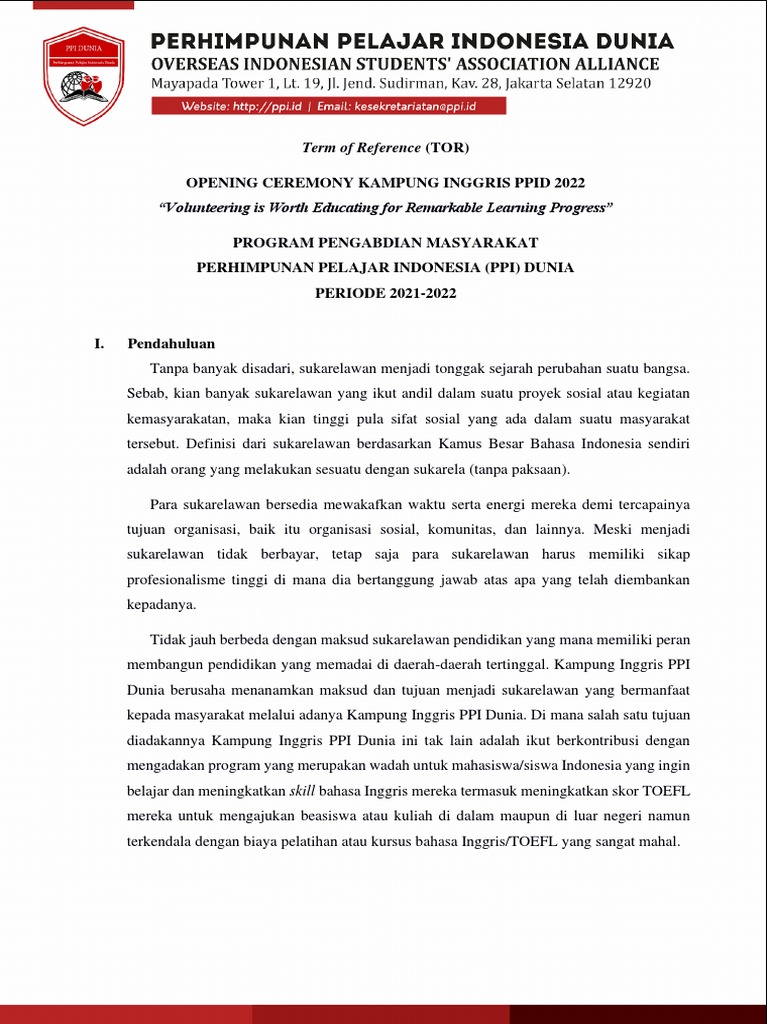 ToR Opening Ceremony Kampung Inggris PPI Dunia 2022-2 | PDF