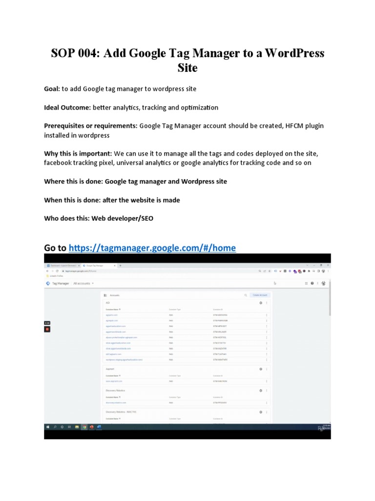 SOP 004 Add Google Tag Manager To A WordPress Site | PDF