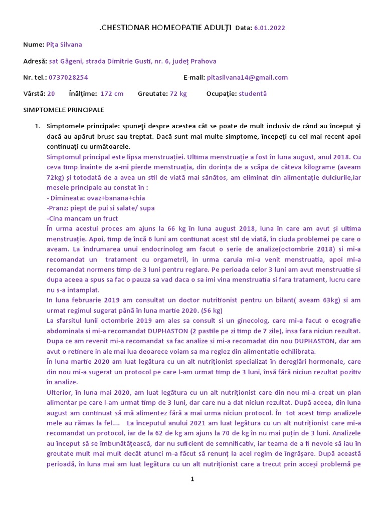 Chestionar Homeopatie Adulţi | PDF