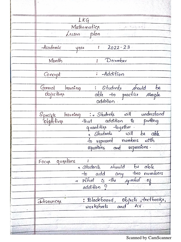 LKG Mathematics Lesson Plan For Addition | PDF