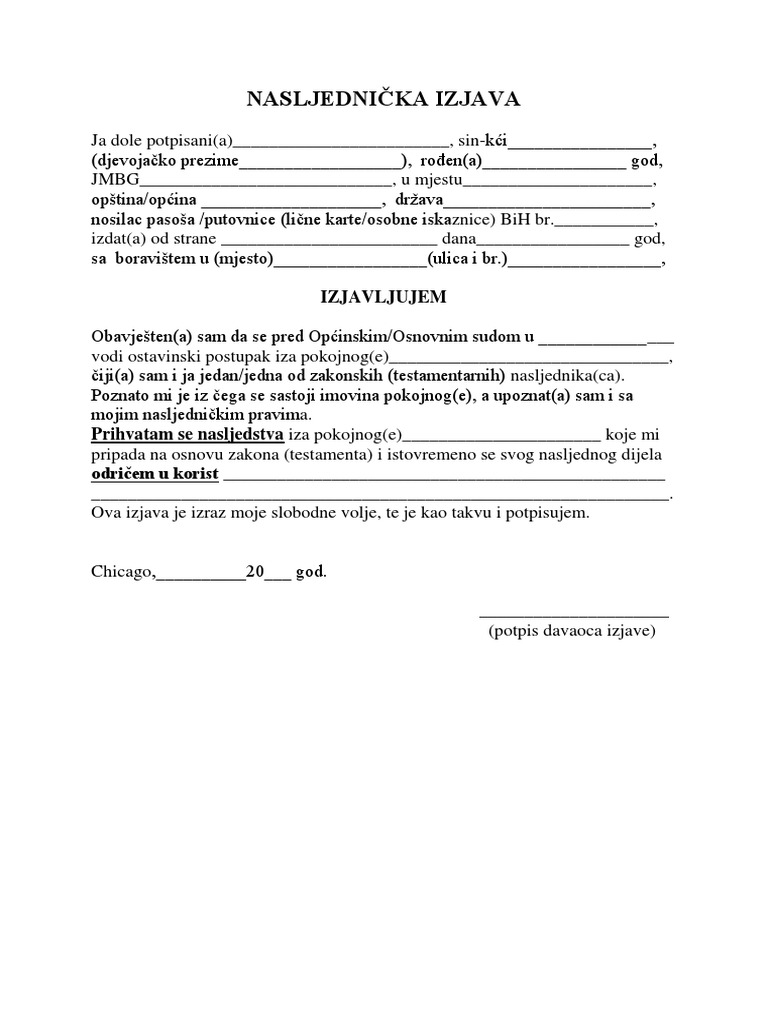 NASLJEDNIcKA IZJAVA Prihvatam I Odricem U Korist Lat | PDF