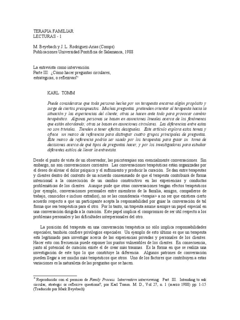 Preguntas Terapéuticas de Karl Tomm | PDF | Pensamiento | Psicoterapia