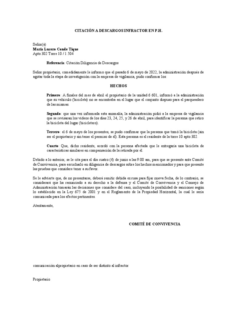 CITACIÓN A DESCARGOS INFRACTOR Comité Convivencia | PDF | Gobierno