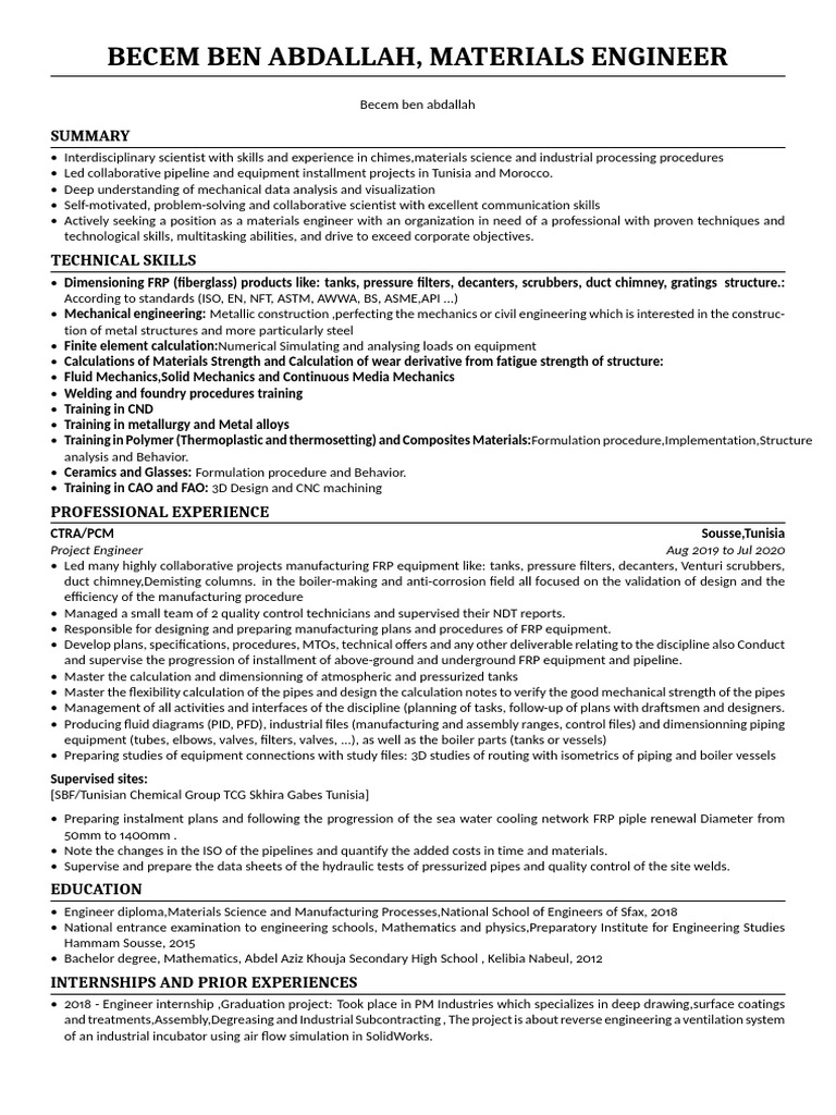 Becem Ben Abdalah Resume-1 | PDF | Pipe (Fluid Conveyance) | Materials ...