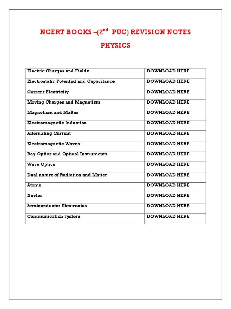Ncert Books 2nd Puc Revision Notes | PDF | Chemistry | Electricity