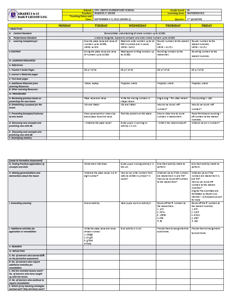 Grade 3 Math Lesson Plan: Place Value | PDF | Teachers | Learning