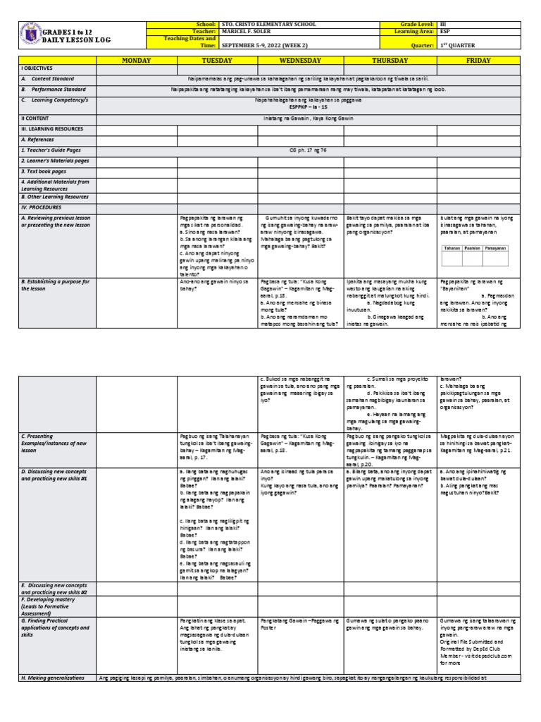 DLL - Esp 3 - Q1 - W2 | PDF