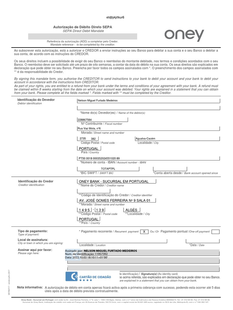 Ficha Autorização SEPA OUT22 - Signed | PDF