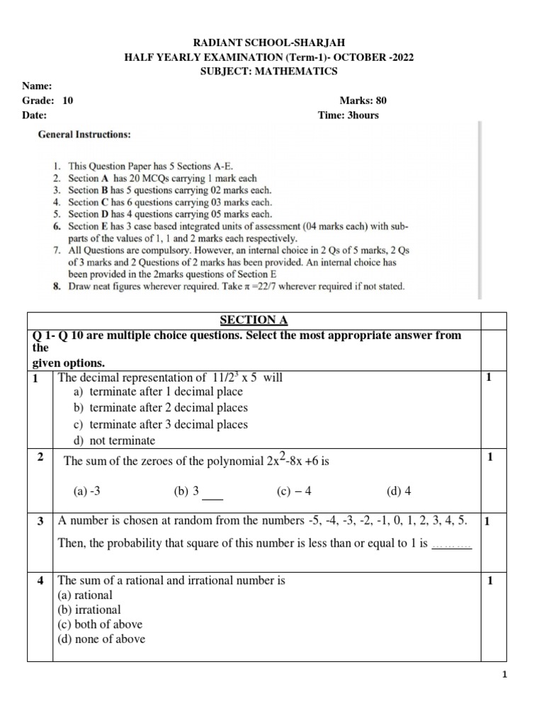 Maths Class-10 Paper - 1ST Term Exam New | PDF | Numbers | Polynomial