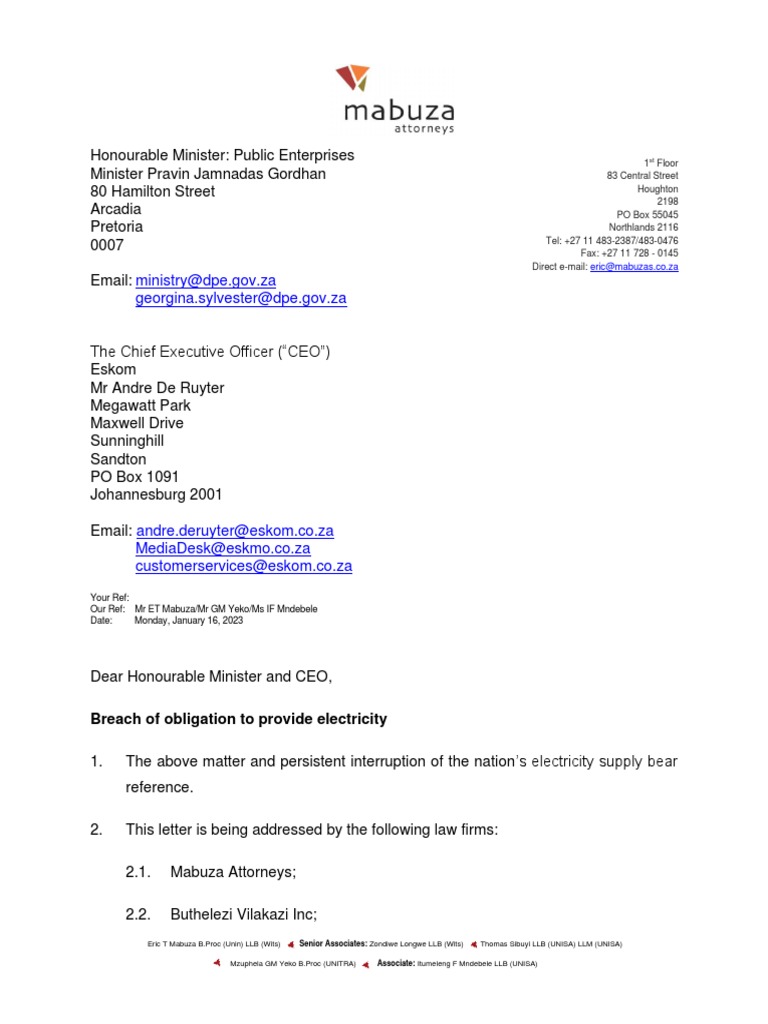 Letter of Complaint to Eskom on Load Shedding | PDF