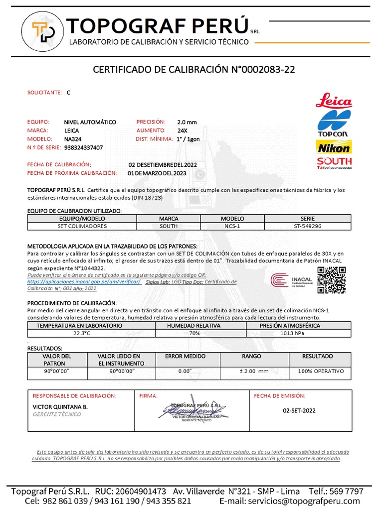 Certificado Nivel | PDF | Calibración | Science
