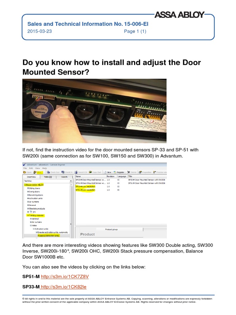15-006-EI-1.0 How To Adjust Door Mounted Sensor | PDF