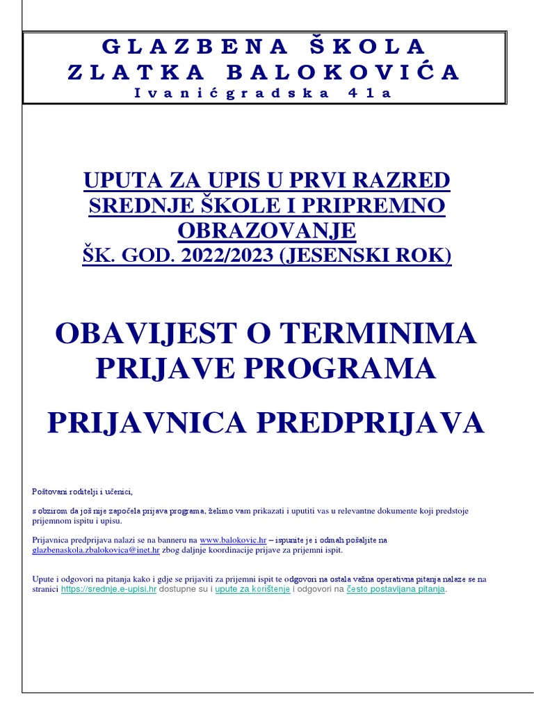Uputa Upis U Prvi Razred Ss I Pripremno Obrazovanje 2022 2023 Jesenski Rok | PDF