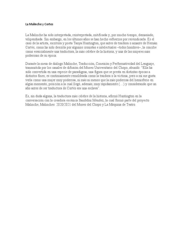 La reivindicación de La Malinche: De traidora a poderosa traductora | PDF