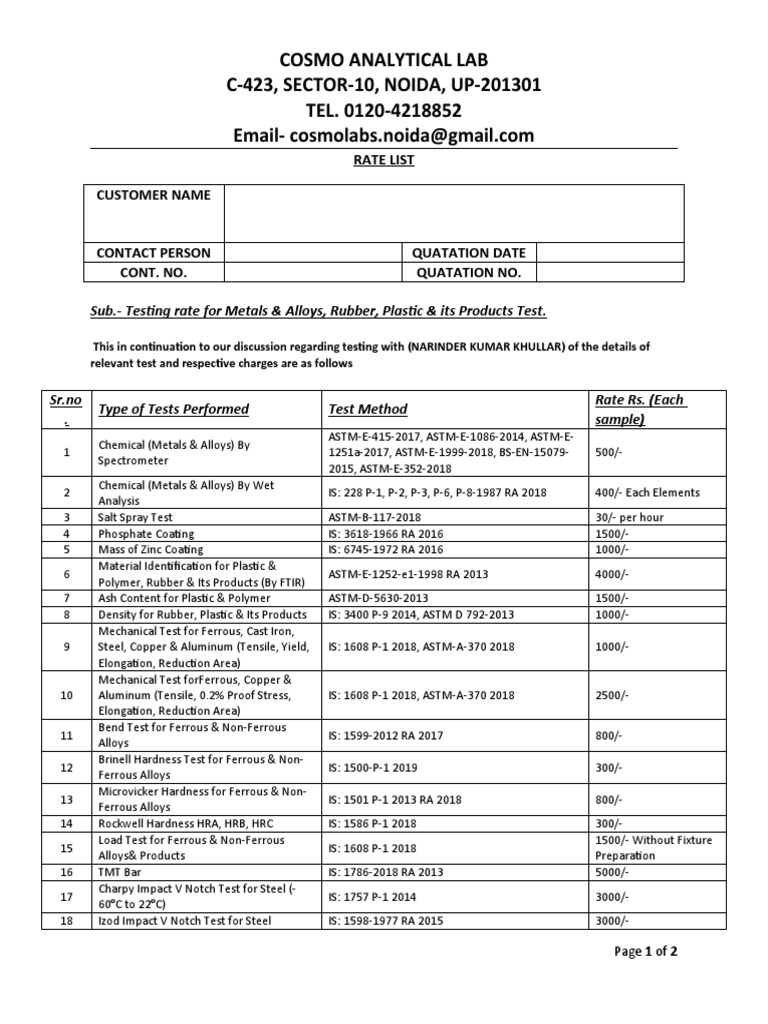 Cosmo Analytical Lab Testing Rates | PDF