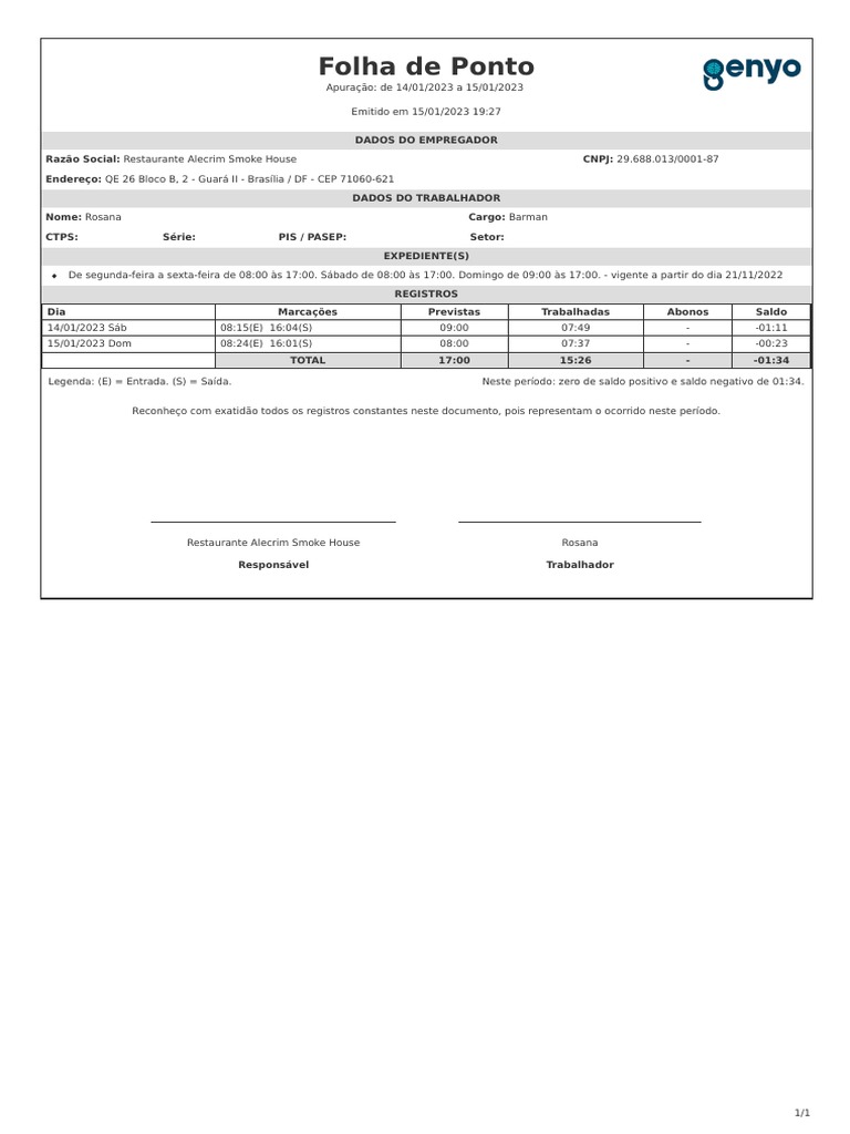 Relatório Folha de Ponto - Rosana (942111) | PDF