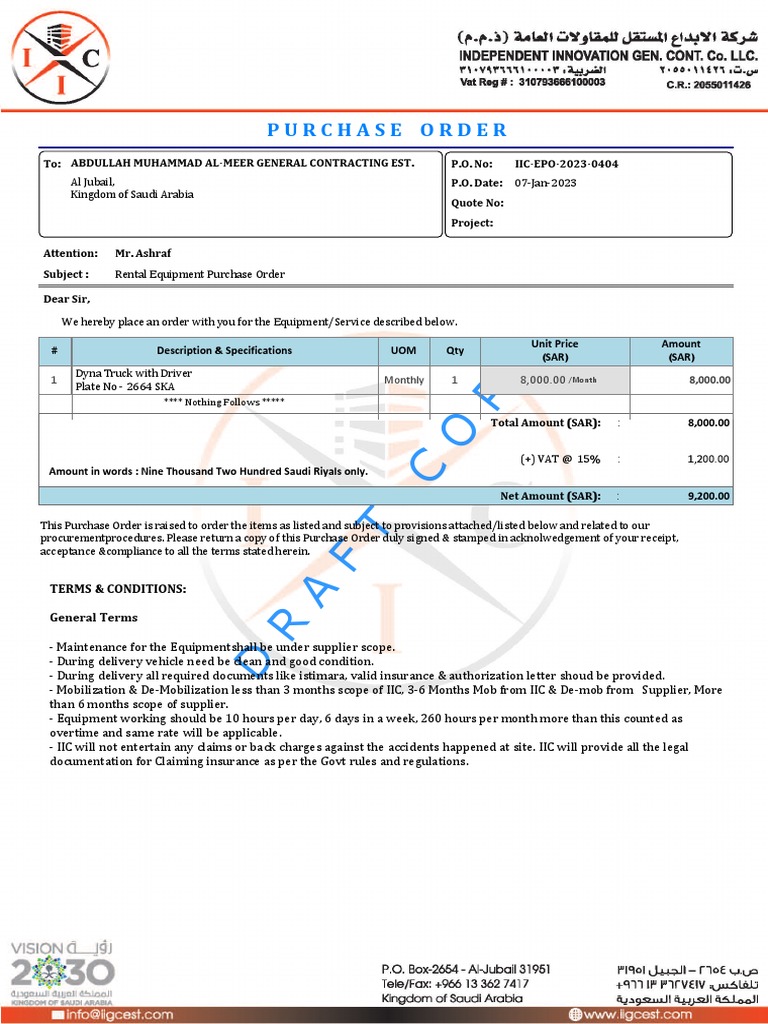 Eqp - PO - No - IIC-EPO-2023-0404 - ABDULLAH MUHAMMAD AL-MEER GENERAL CONTRACTING EST. | PDF ...