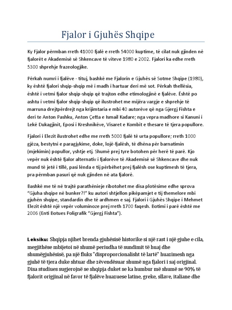 Fjalor I Gjuhës Shqipe | PDF