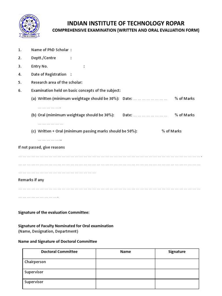 Comprehensive Examination (Written & Oral Evaluation Form) | PDF