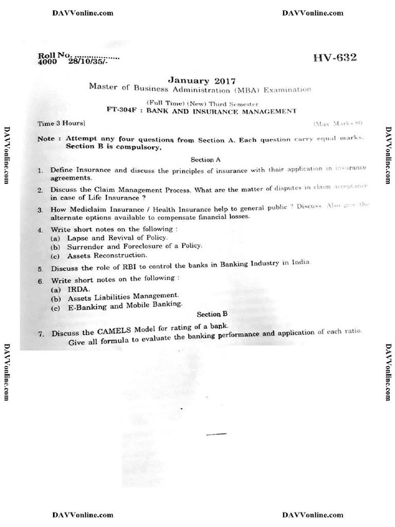 Mba 3 Sem Bank and Insurance Management Jan 2017 | PDF