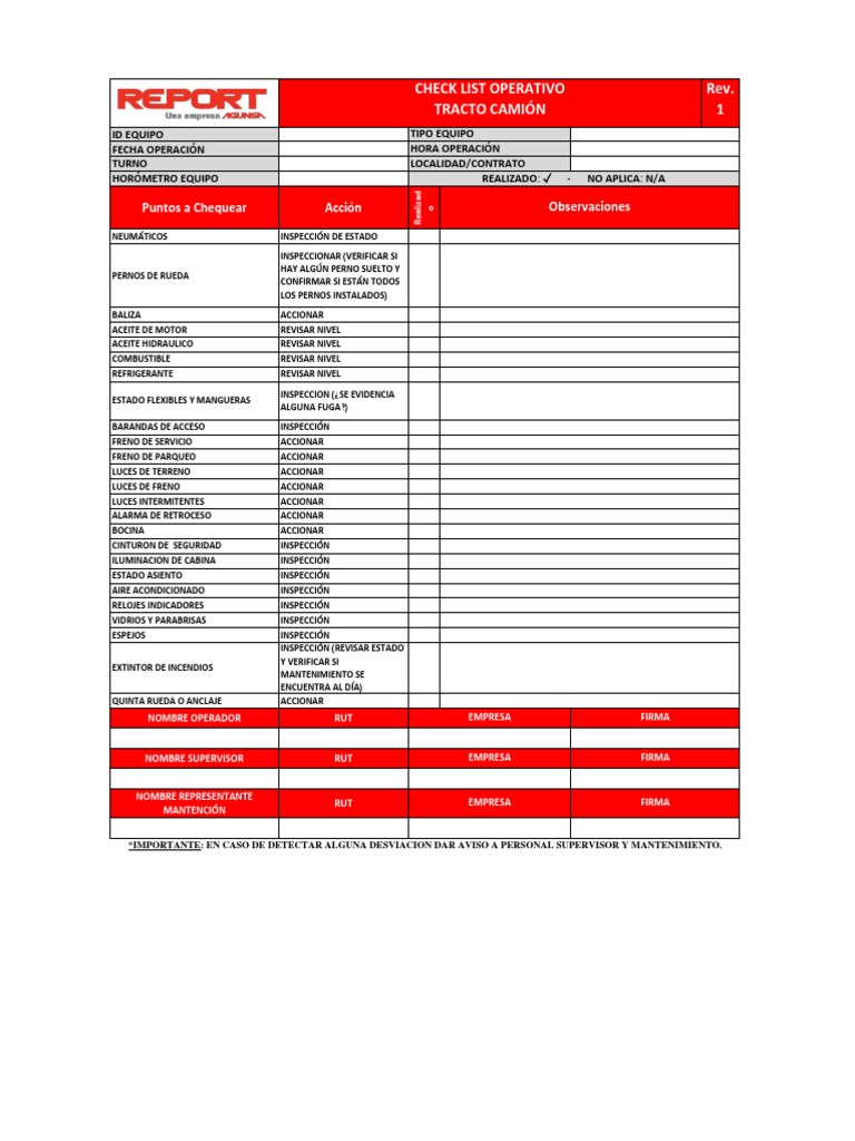 Check List - Tracto Camión - Rev. 1 | PDF | Tecnologías automotrices ...