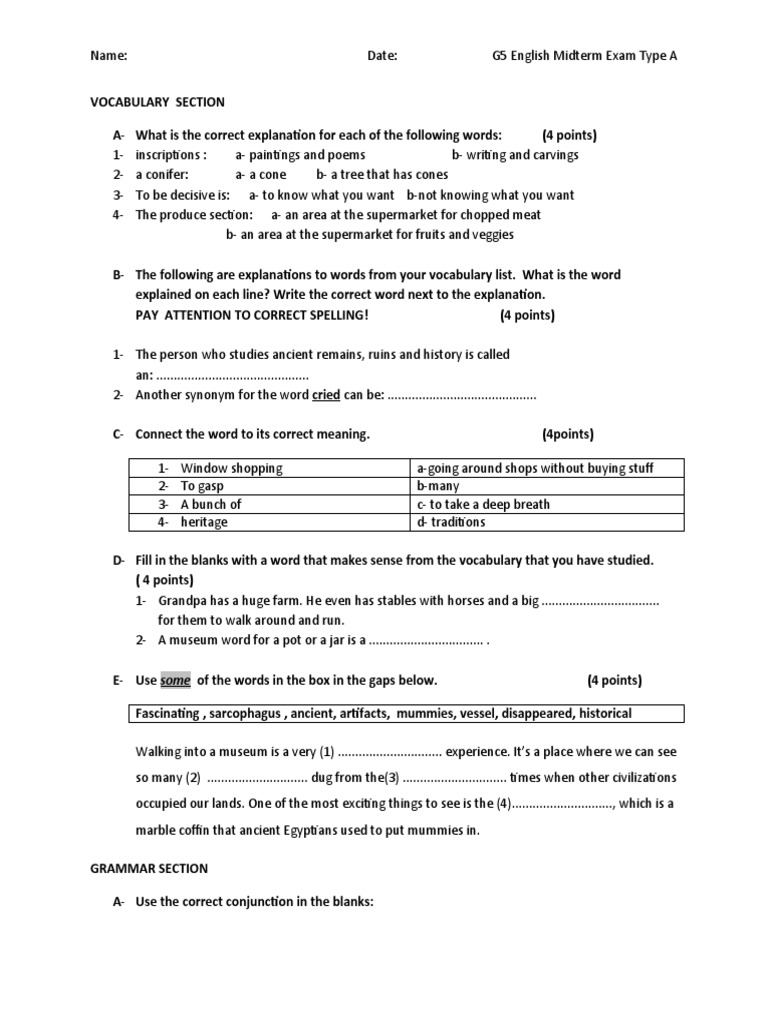 G5 English Midterm Exam Overview | PDF