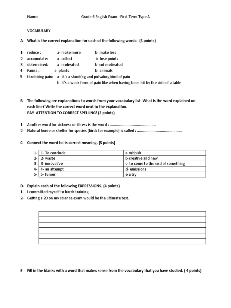 Grade 6 English Exam: First Term Type A | PDF | English Language ...