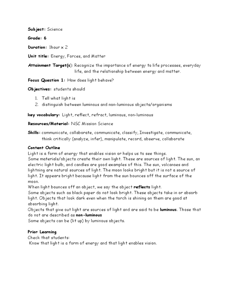 Science Lesson PLan On Light November 7-11 | PDF | Light | Flashlight