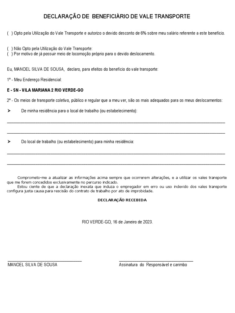 Declaração de beneficiário de vale transporte com escolha de opção ...