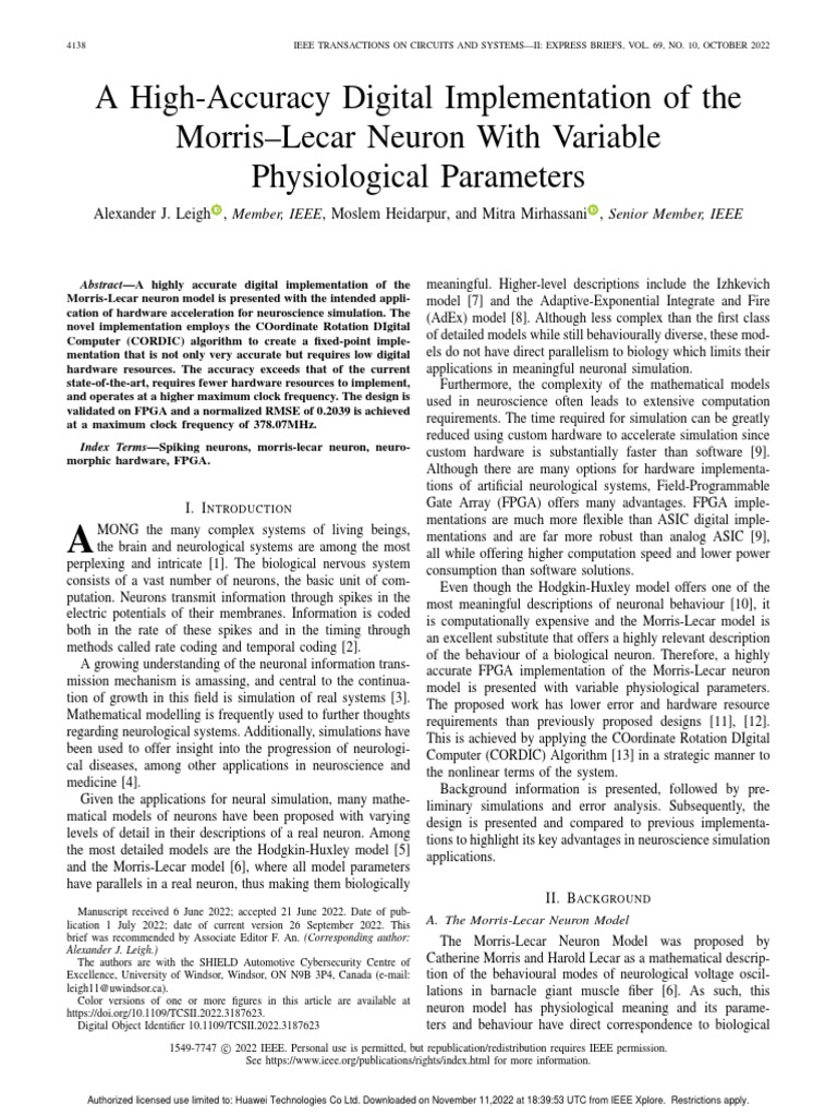 A High-Accuracy Digital Implementation of The MorrisLecar Neuron With Variable Physiological ...