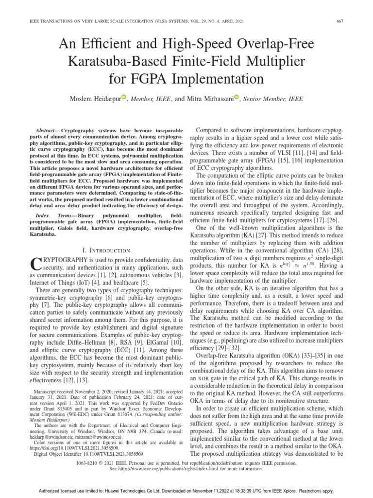 An Efficient and High-Speed Overlap-Free Karatsuba-Based Finite-Field Multiplier For FGPA ...