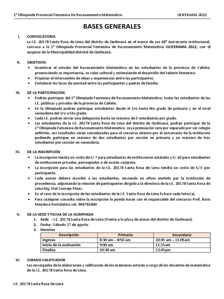 Bases Generales Olimpiada Femenina de Razonamiento Matemático | PDF | Ecuaciones | Combinatoria