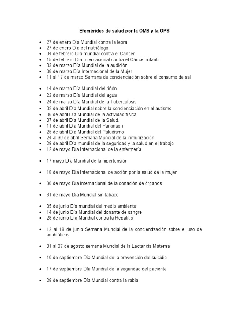 Efemérides de Salud Por La OMS y La OPS | PDF