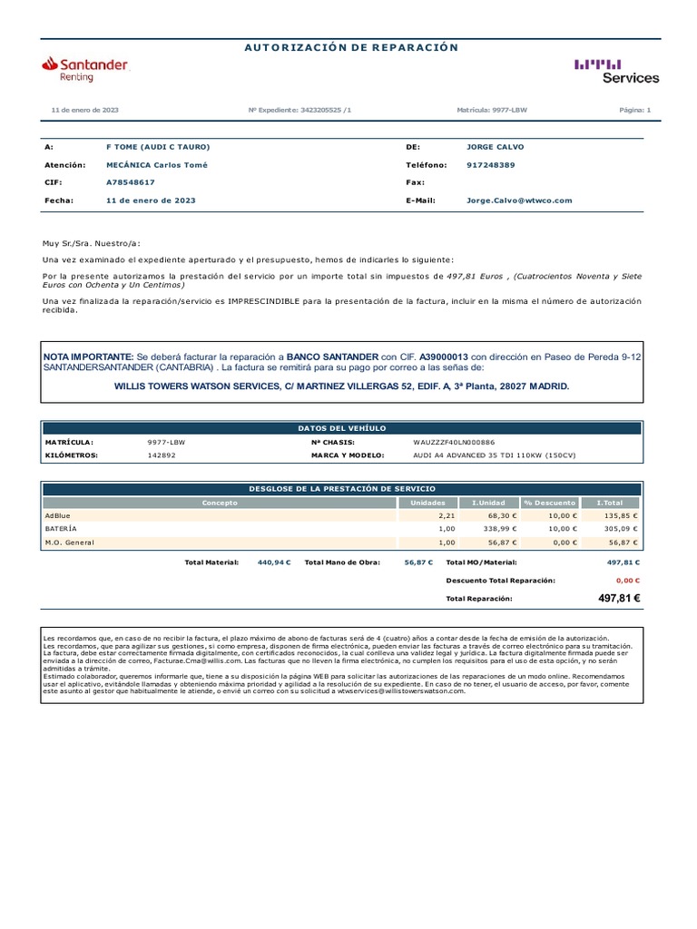 Autorización Reparación Audi A4 | PDF | Control de acceso | Autenticación