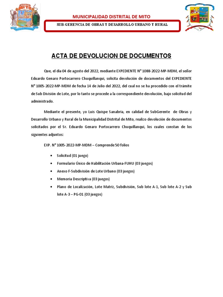 Acta de Devolucion de Documentos | PDF