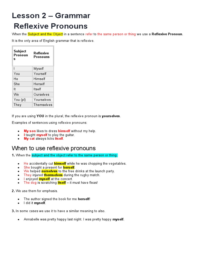 Lesson 2 - Reflexive Pronouns Notes and Worksheet | PDF | Linguistic ...