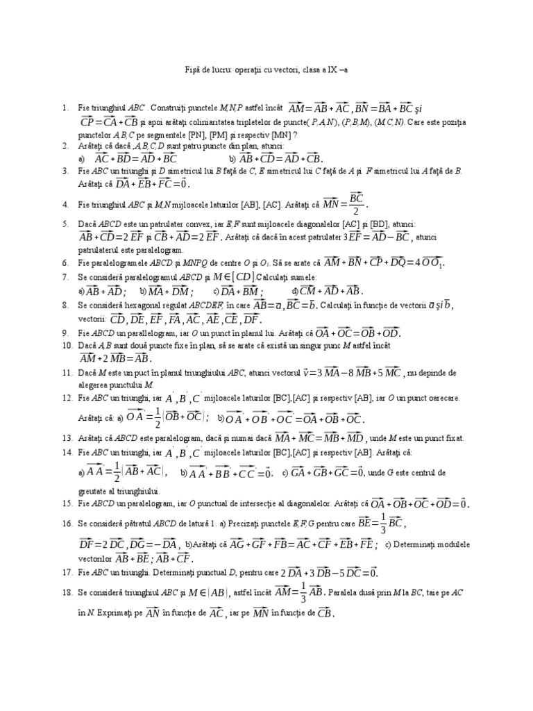 Fişă de Lucru Vectori Și Recapitulare | PDF