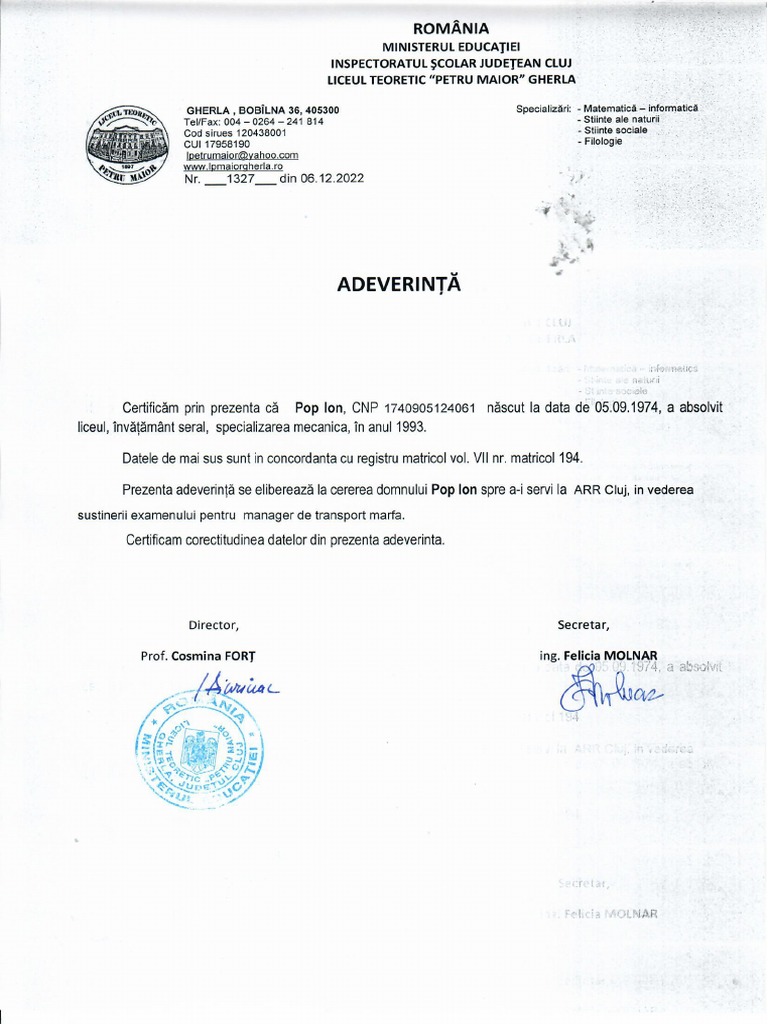 Adeverinta Pop Ion | PDF