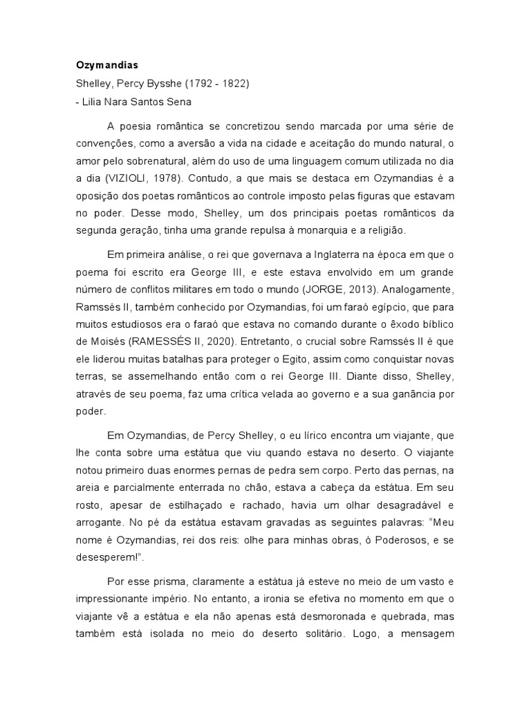 Ozymandias Analysis | PDF | Percy Bysshe Shelley
