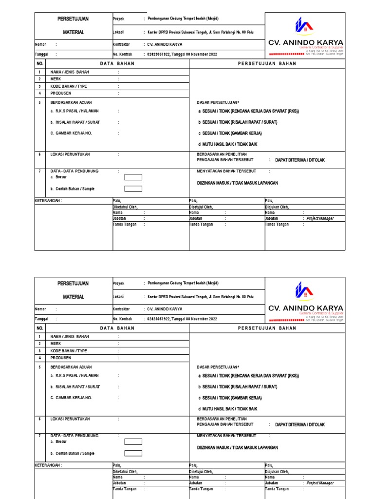 Contoh Form Persetujuan Material Proyek | PDF