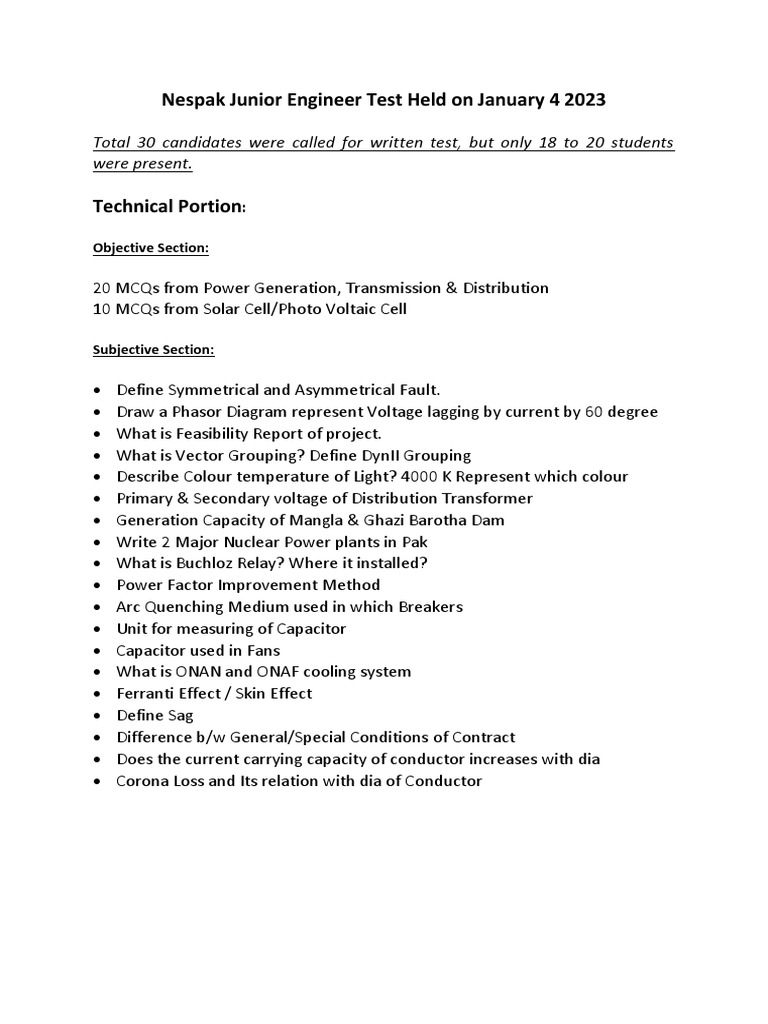 Nespak Junior Engineer Test Held On January 4 2023 | PDF