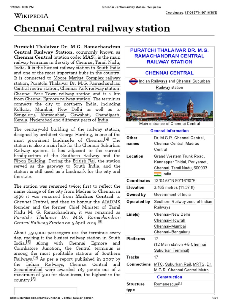 Chennai Central Railway Station - Wikipedia | PDF | Tamil Nadu | Rail ...