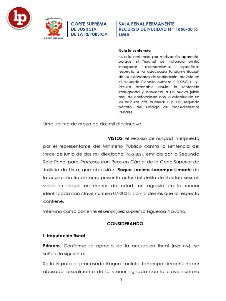 Indicio de Mala Justificacion Causal de Nulidad Sentencia RN 1880-2018-Lima | PDF | Sentencia ...