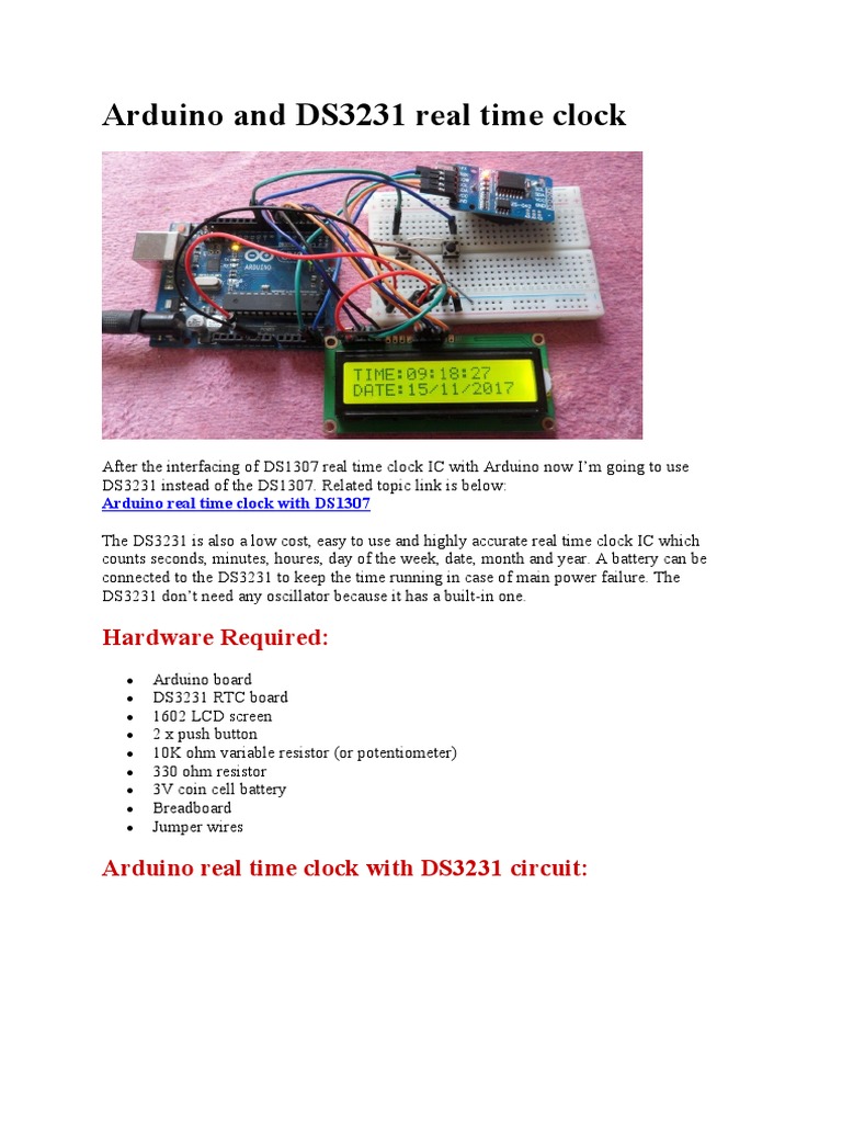Arduino and DS3231 Real Time Clock: Hardware Required | PDF | Arduino | Electrical Engineering