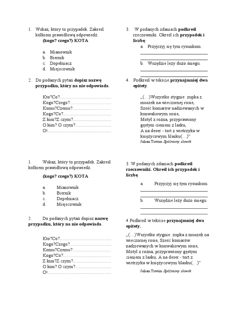 Kartkówka Przypadki Klasa4 | PDF