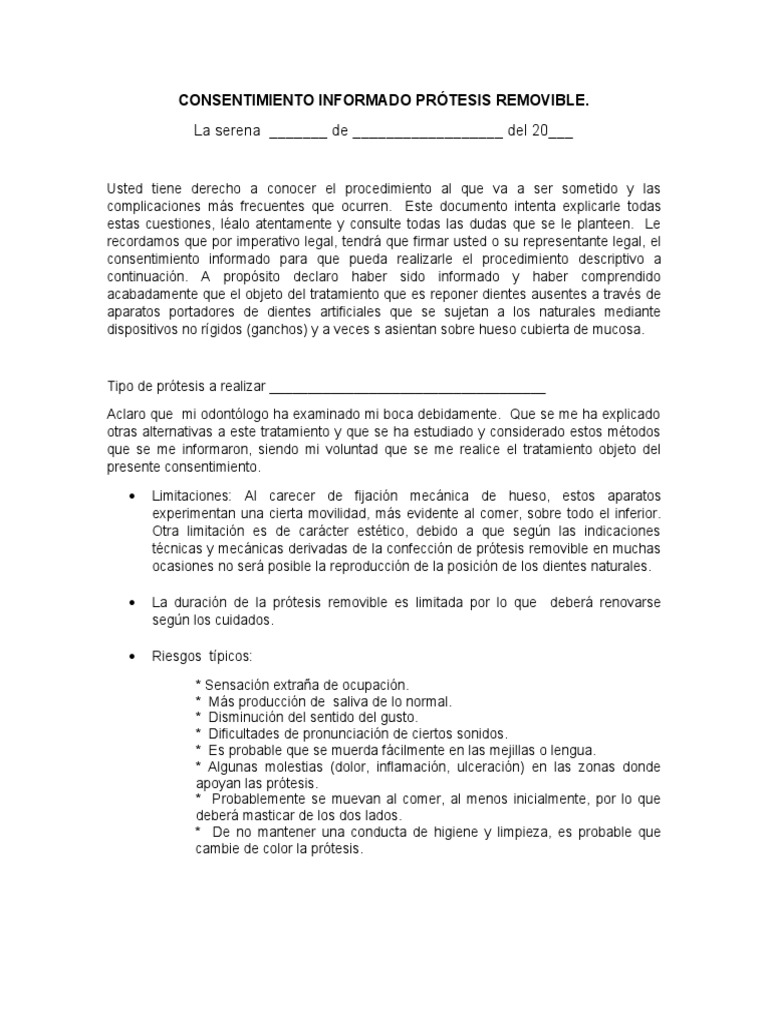 Consentimiento Informado Prótesis Removible | PDF | Dentadura postiza ...